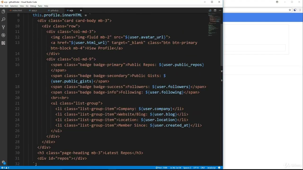 JavaScript API Projects - Github Finder Part 5 - Fetch & Display Repos