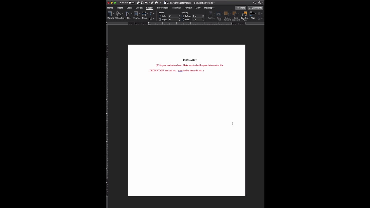 Dedication Page Formatting