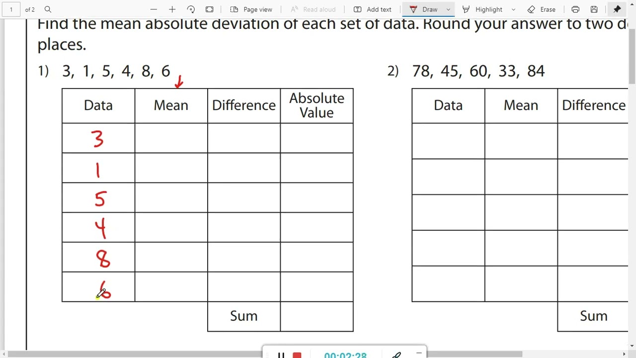 Mean absolute deviation Worksheet