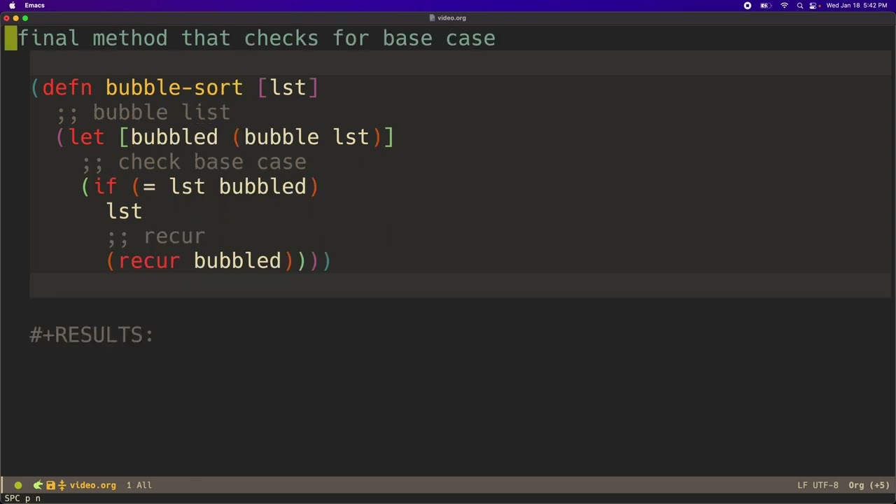 Recursive Bubble Sort in Clojure