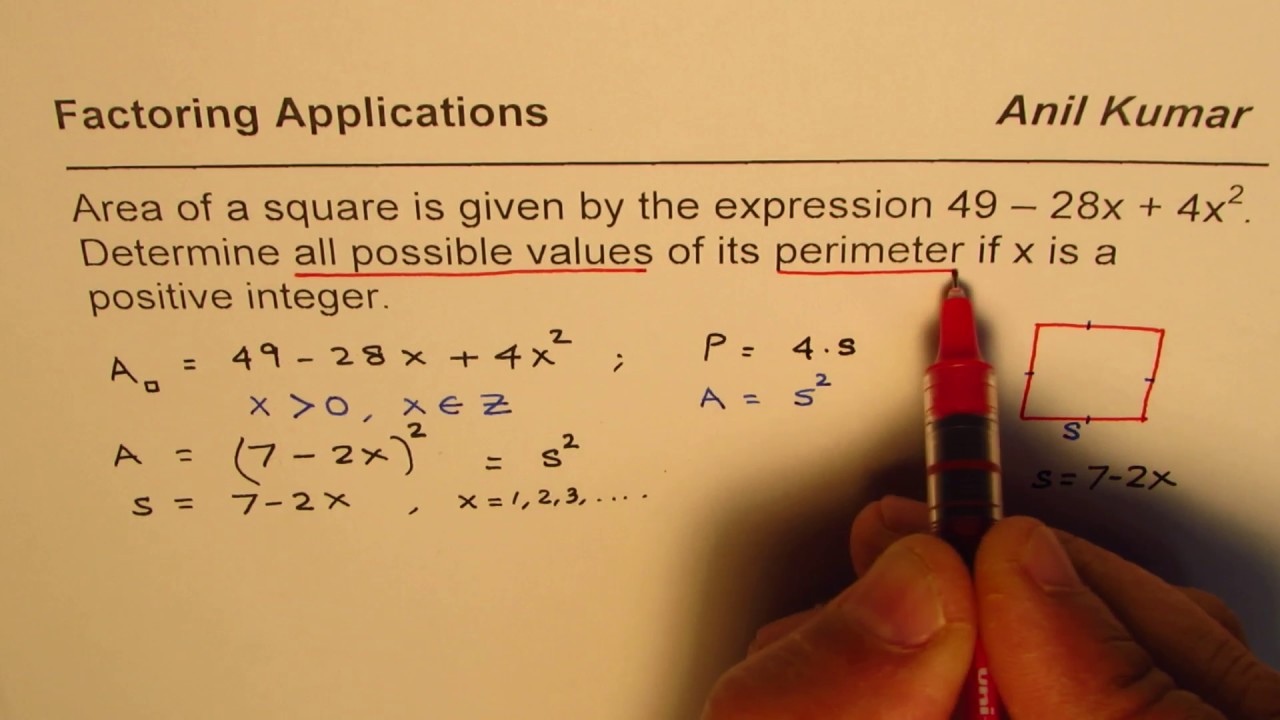 Find possible Perimeters of Square by Factoring Trinomial