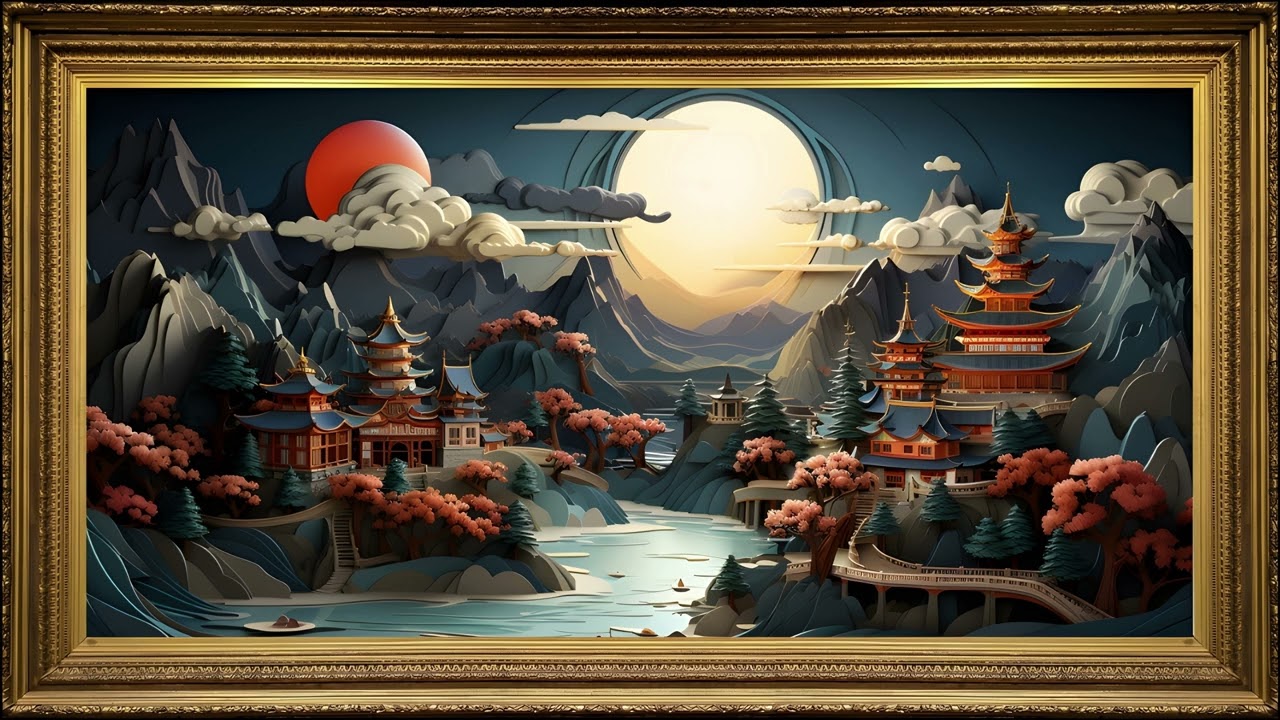 Miniature Asian Temple, Landscape Wall Art Illustration | Gold Frame TV Screensaver