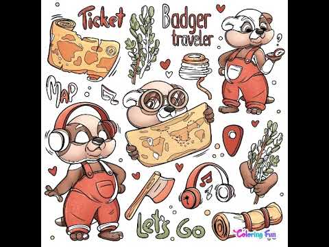 Coloring Fun By Number - Map Ticket Badger Traveler Let's Go PNG Stickers Pack Pics