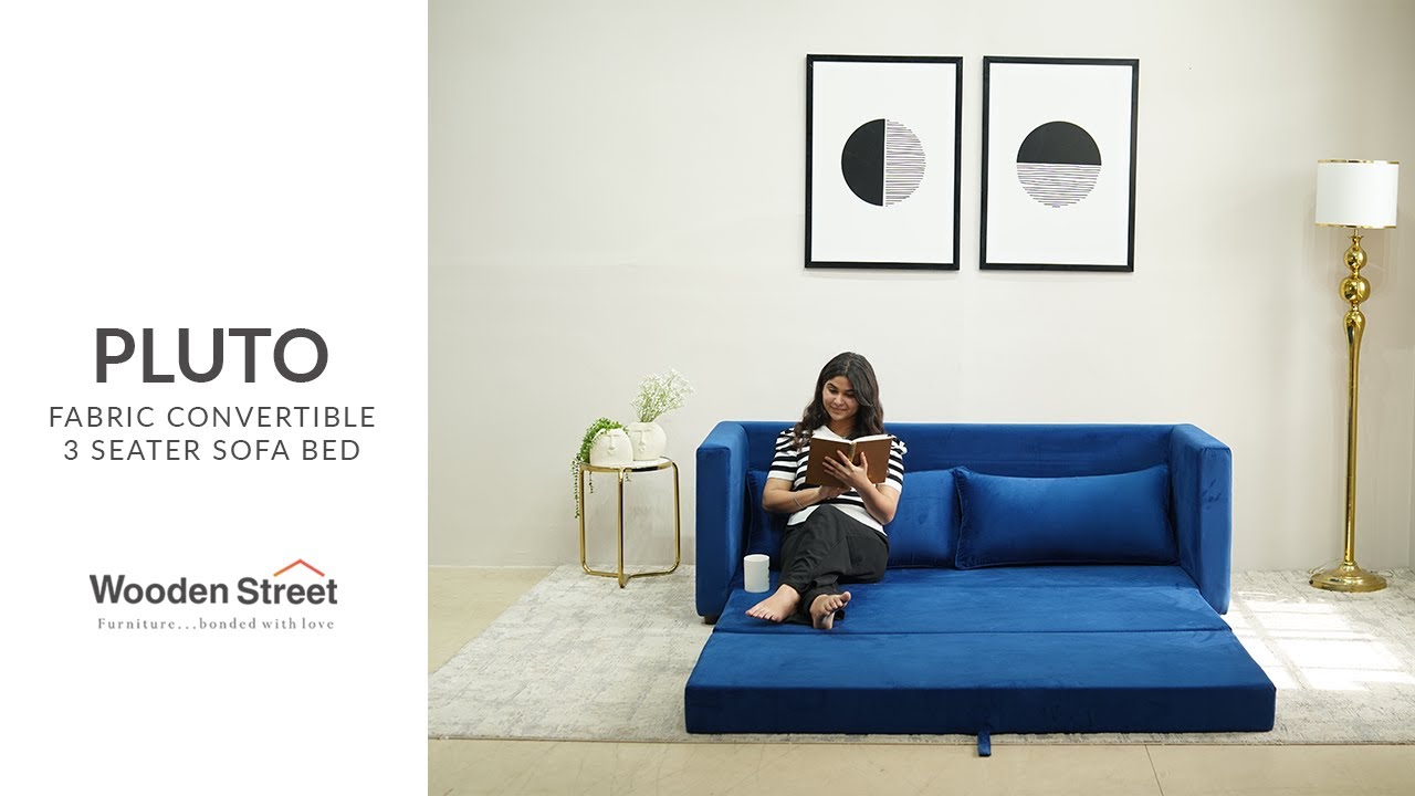 Pluto Fabric Convertible 3 Seater Sofa Bed (Velvet, Indigo Blue) | Sofa Cum Bed Design | 20023