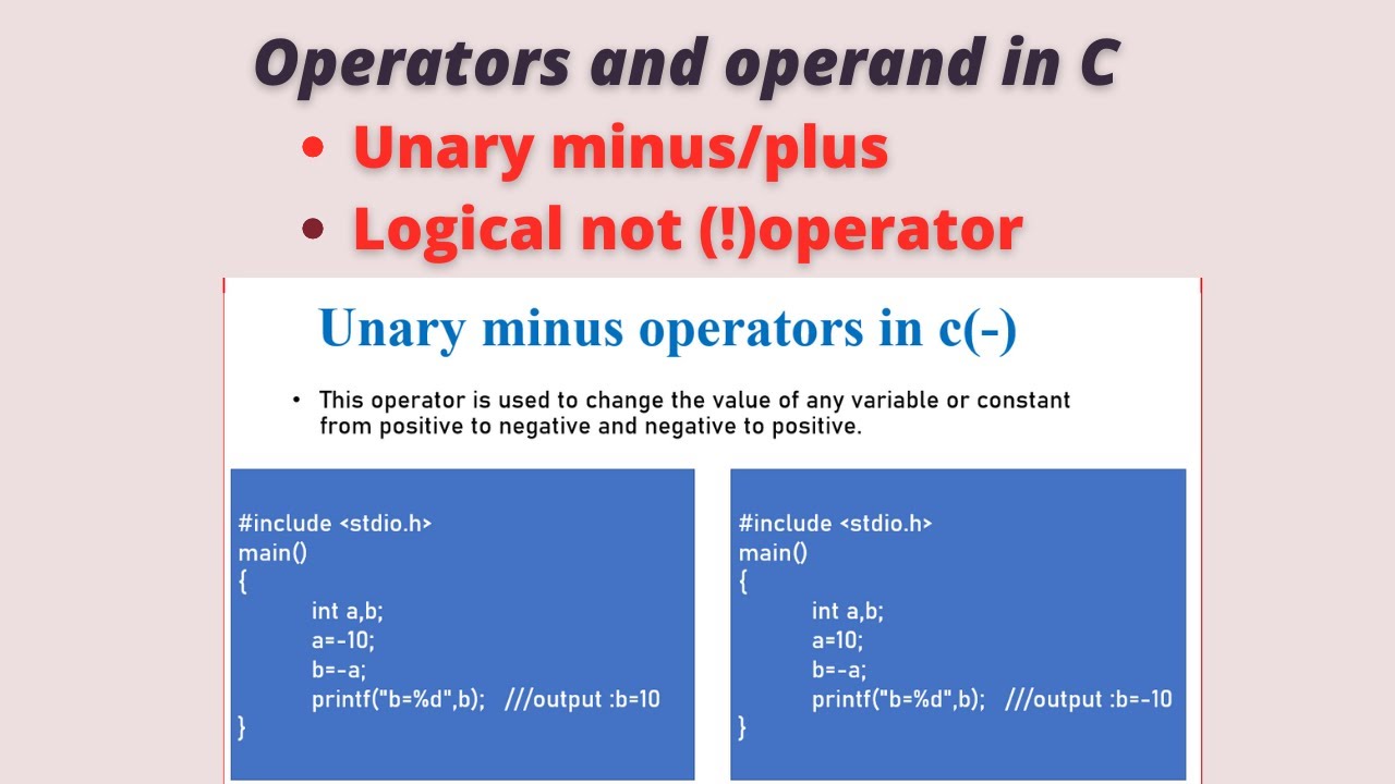 Unary minus operator , unary plus operator and Not (!)operator in C
