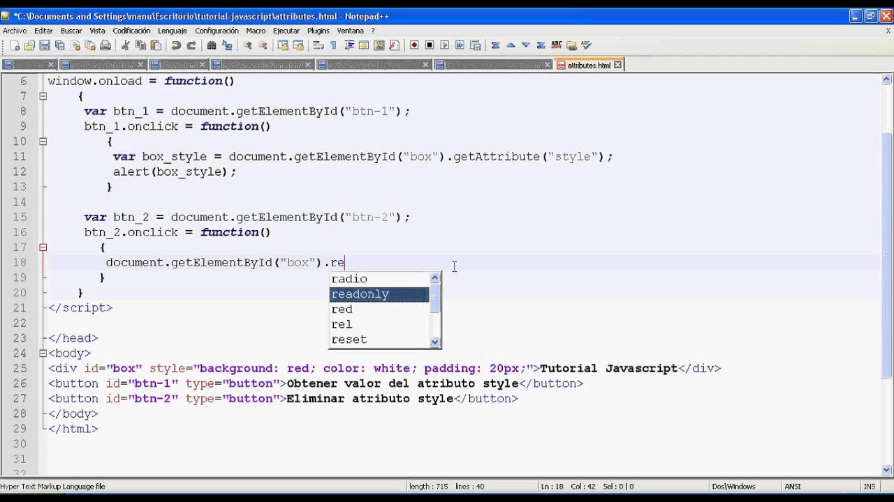 Tutorial Javascript parte 21 - Atributos: getAttribute, setAttribute, removeAttribute