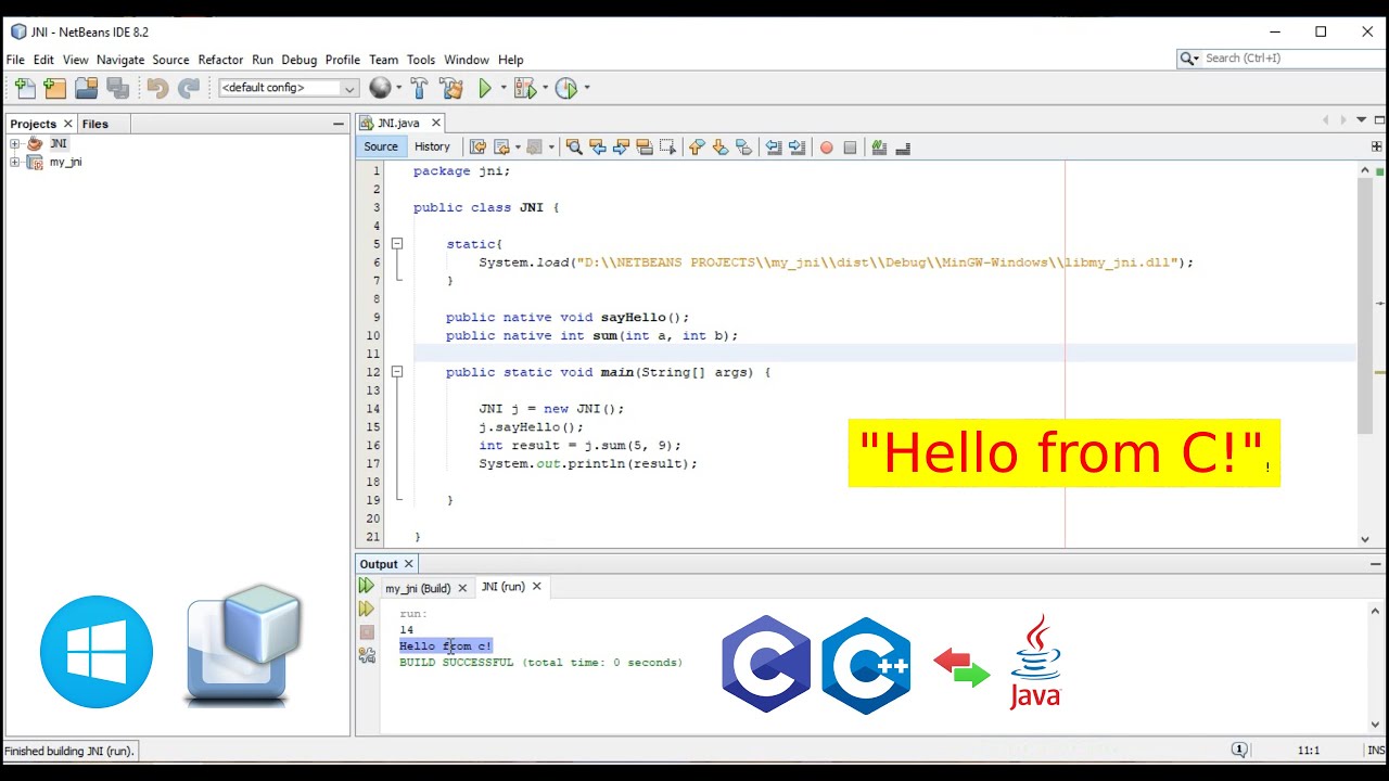 Execute C program in Java with Java Native Interface (JNI) on Windows with Netbeans 8.2 | C to Java