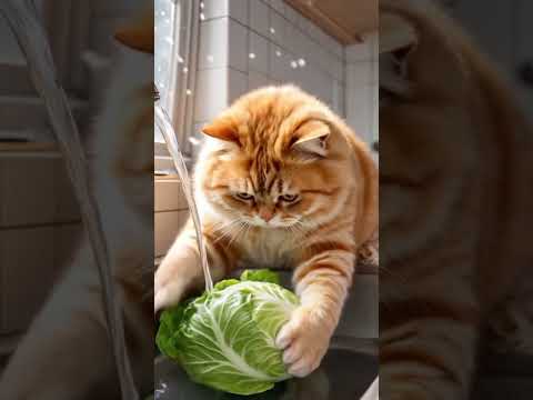 funny moment of cat cooking mustard greens and tofu #short #shorts #catcooking #cuteecats
