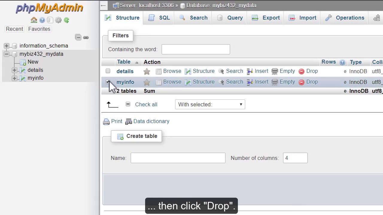 phpMyAdmin Tools - Delete a Table