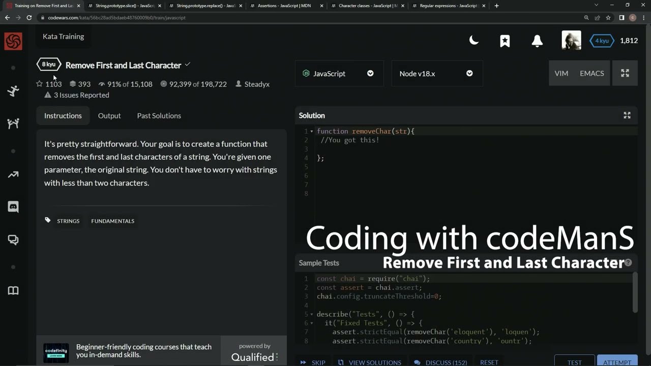 Codewars 8 kyu Remove First and Last JavaScript