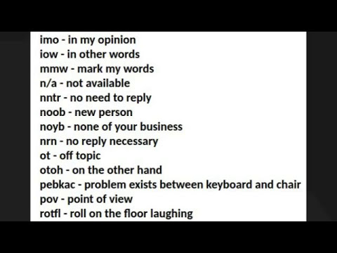 Meaning of btw, rofl, idk, ttyl, oomf, b4n, hf, imo, rsvp, woot, ...