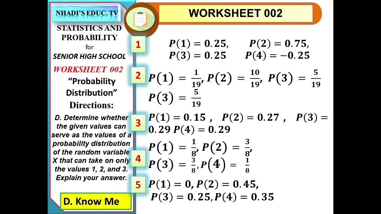 WORKSHEET 002| Statistics & Probability| Probability Distribution
