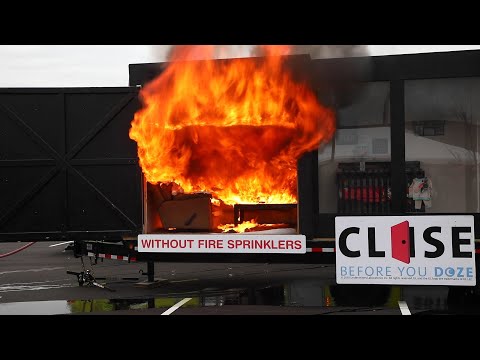 Watch fire demonstration with and without fire sprinklers