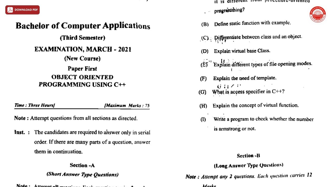 BCA 3RD SEM OBJECT ORIENTED PROGRAMMING USING CPP BCA N MAR 2021 | CSJMU