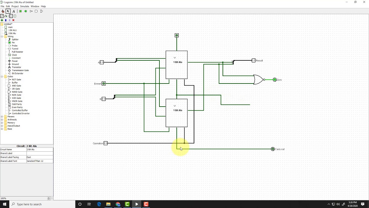 2 Bit ALU (AND, OR, Addition, Substraction) Using Logisim