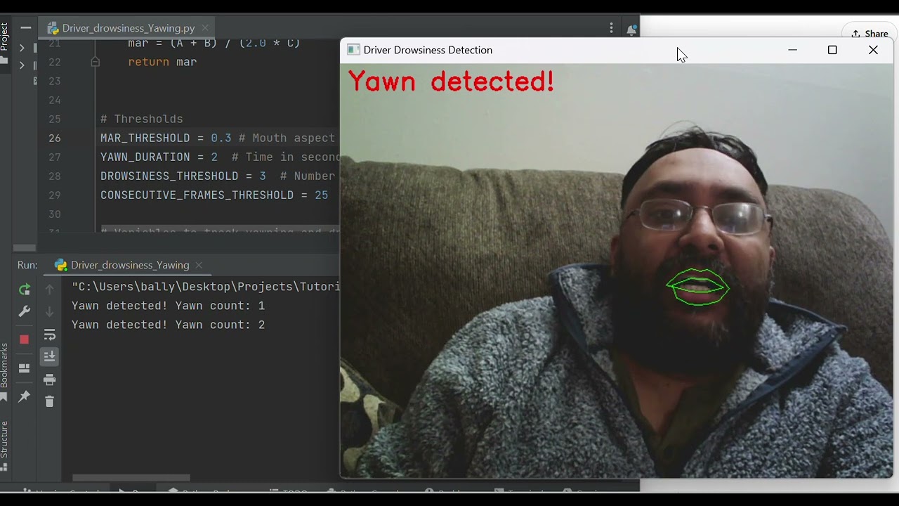 Drowsiness Detection  using yawn detection with OpenCV & Dlib | Real-Time Driver Monitoring System