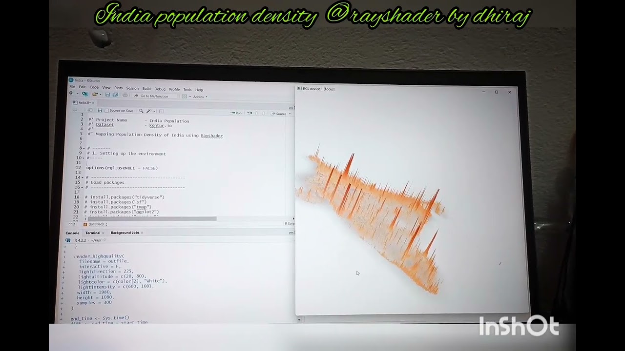 Interactive 3D plot depicting India's population density using the R Studio rayshader package.