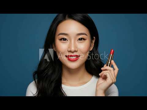 Woman showcasing bright red lipstick while smiling against solid blue background - Stock Footage