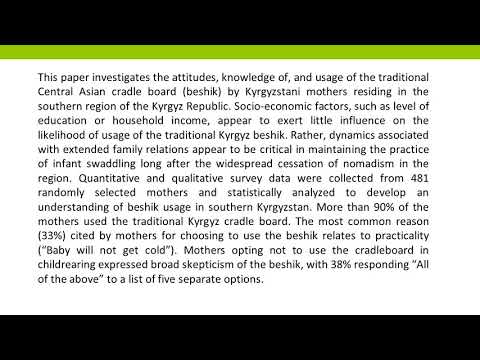 The Persistence of Traditional Cradle Board Beshik Usage among Post Soviet Central Asian Mothers Sur