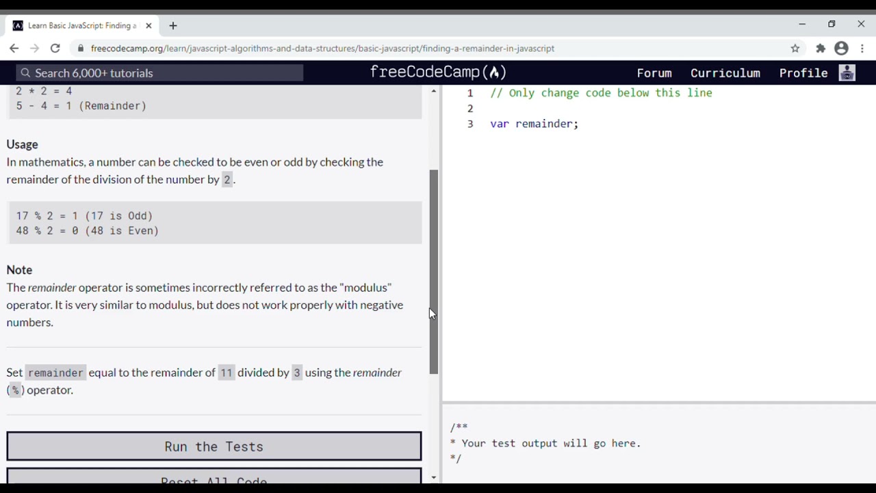 18 - Learn Basic JavaScript   Finding a Remainder in JavaScript