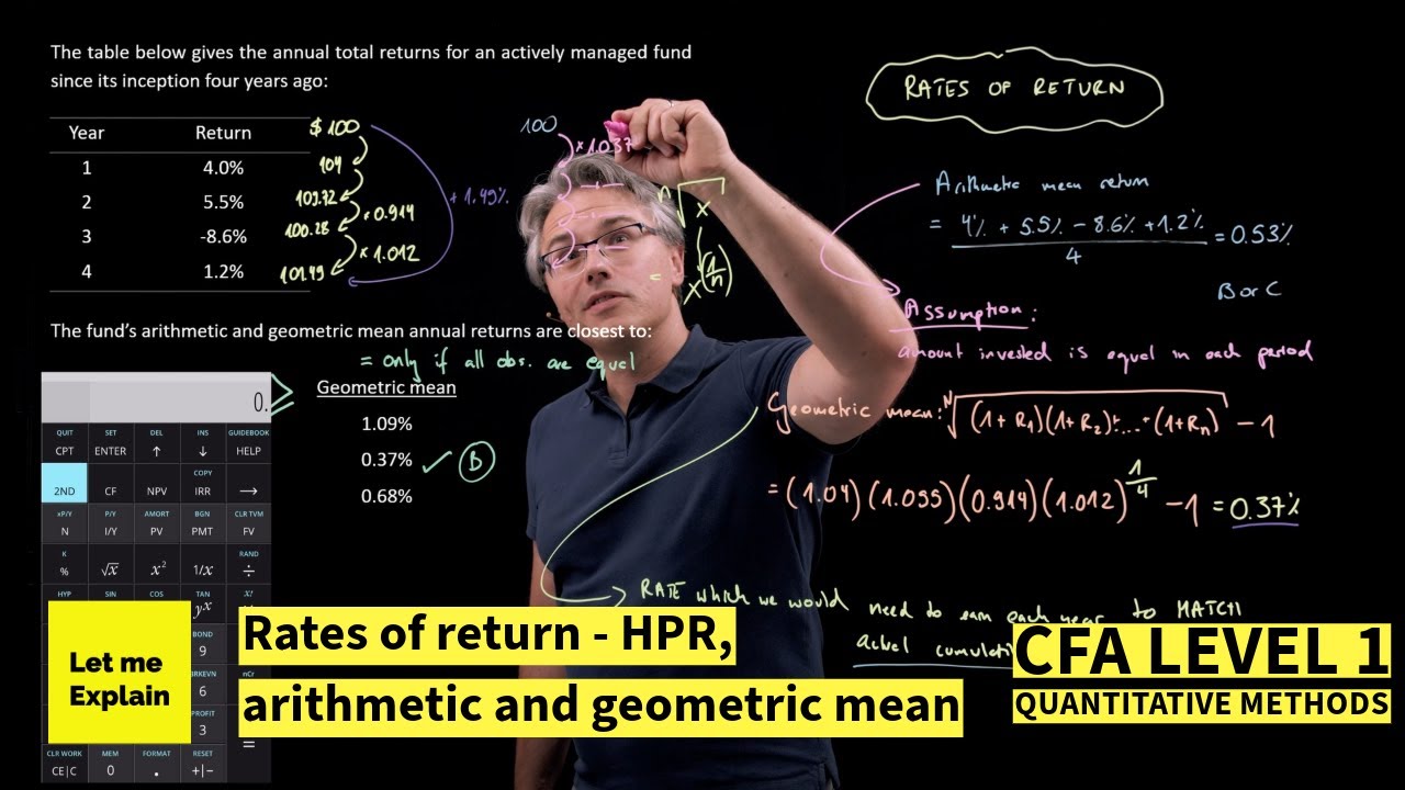Rates of return - holding period return, arithmetic and geometric mean (for the CFA Level 1 exam)