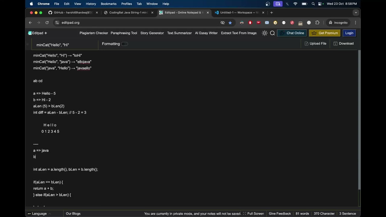 CodingBat Java | String-1 Section | minCat