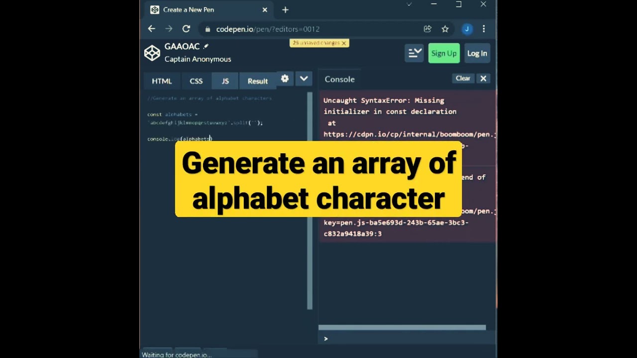 generate an array of alphabet character | javascript tutorial #shorts #html #javascript
