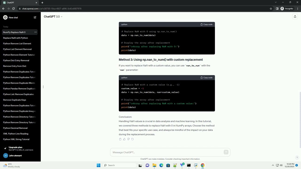 python replace nan with 0 numpy