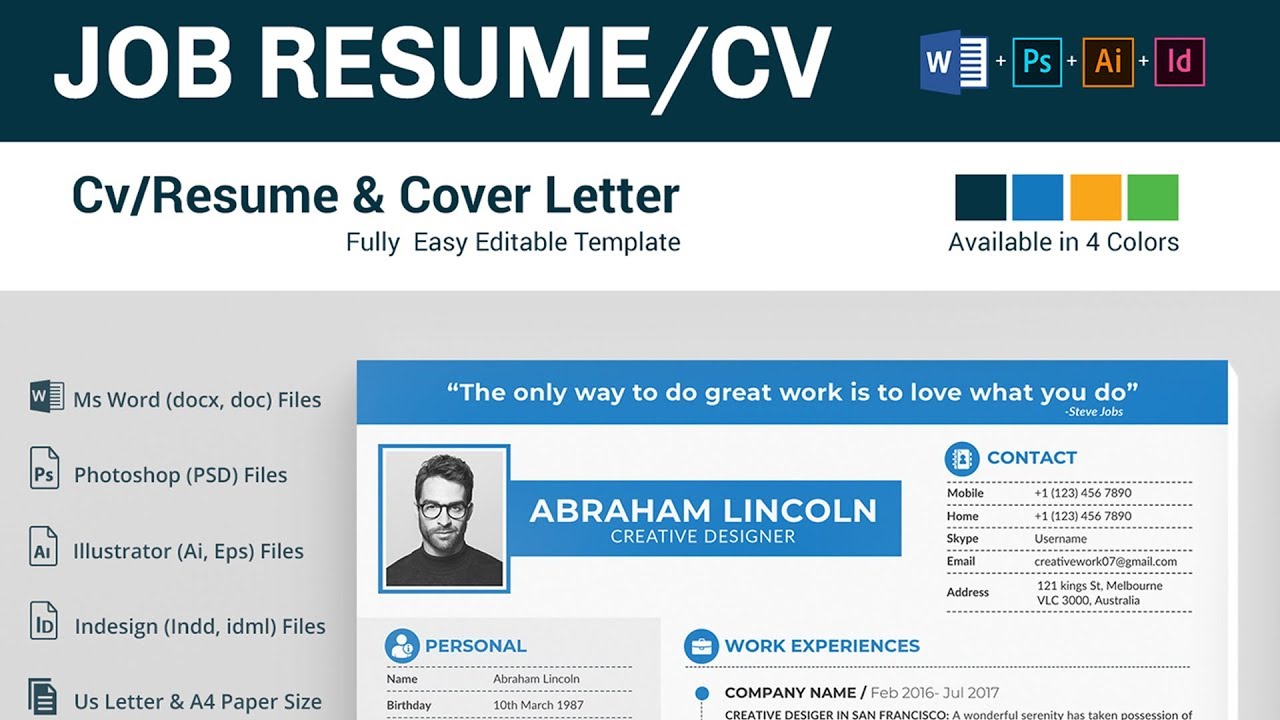 Resume templates  free download in Adobe Photoshop, Illustrator, InDesign, and Ms word