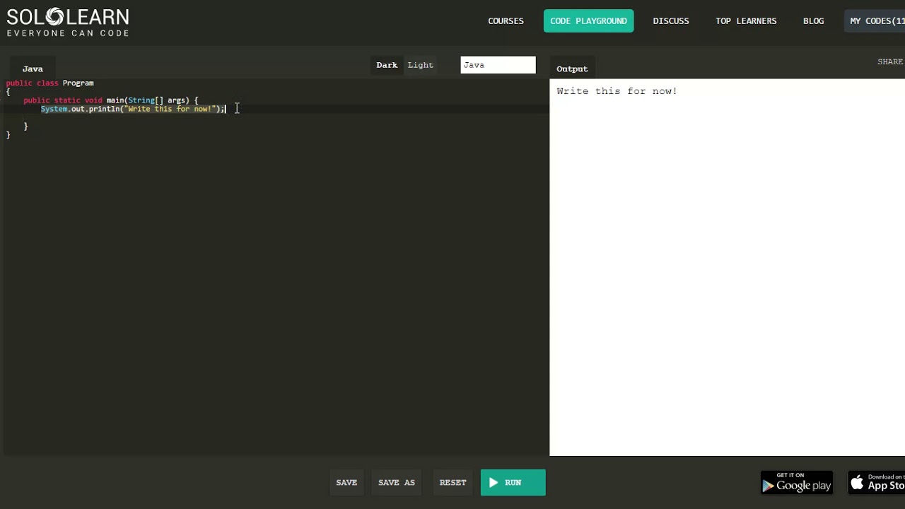 01.Java tutorial, Solo Learn, Hello World, Code Play Ground