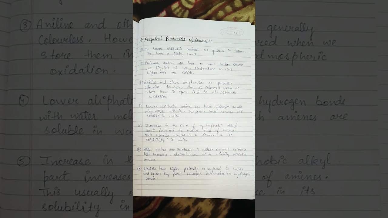 Physical properties of amines class 12th chemistry/ #notes #important #viralvideo #views