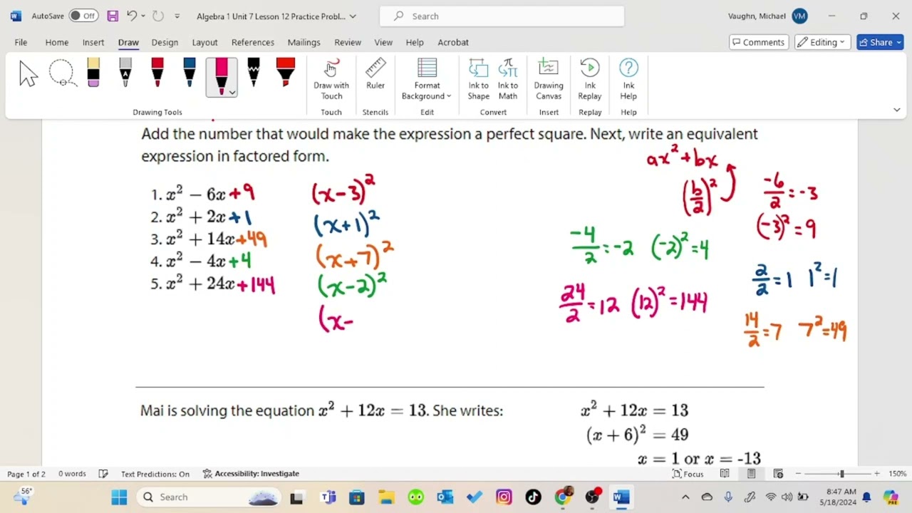 Algebra 1 Unit 7 Lesson 12 Practice Problems