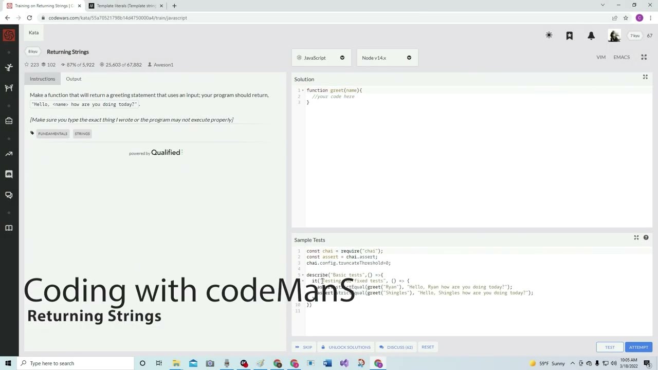 (Archived) Codewars 8 kyu Returning Strings JavaScript