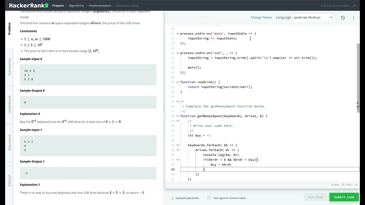 Hackerrank Algorithm Solution - Electronics Shop (Javascript)