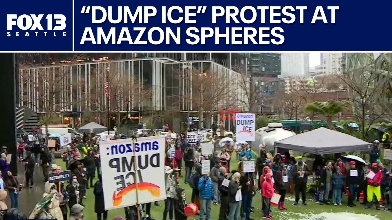 Amazon workers, activists protest in Seattle over AWS links to ICE | FOX 13 Seattle