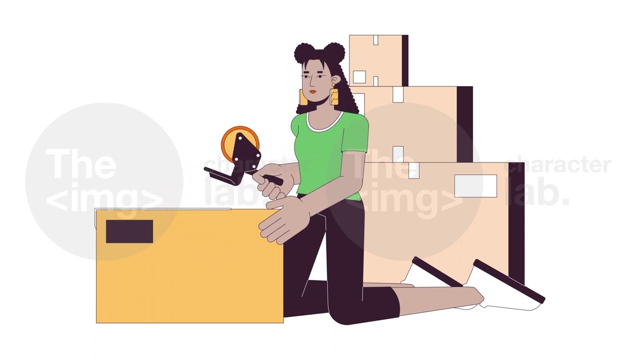 Hispanic girl packing moving boxes line cartoon animation