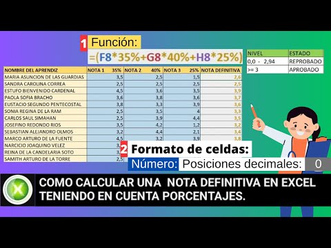 COMO CALCULAR UNA NOTA DEFINITIVA EN EXCEL TENIENDO EN CUENTA PORCENTAJES.