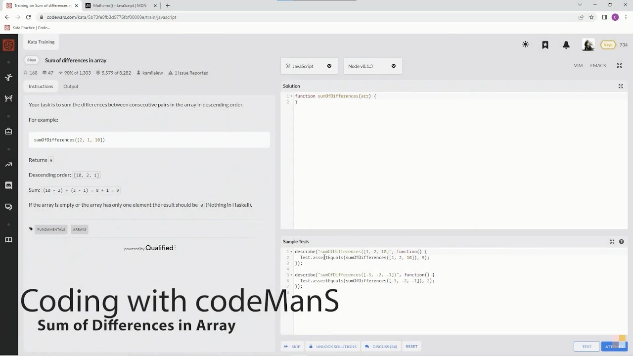Codewars 8 kyu Sum of Differences in Array JavaScript