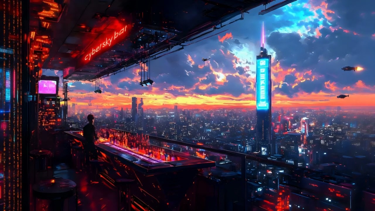 Majestic Cyberpunk Sunset City Skyline 4K Desktop Wallpaper