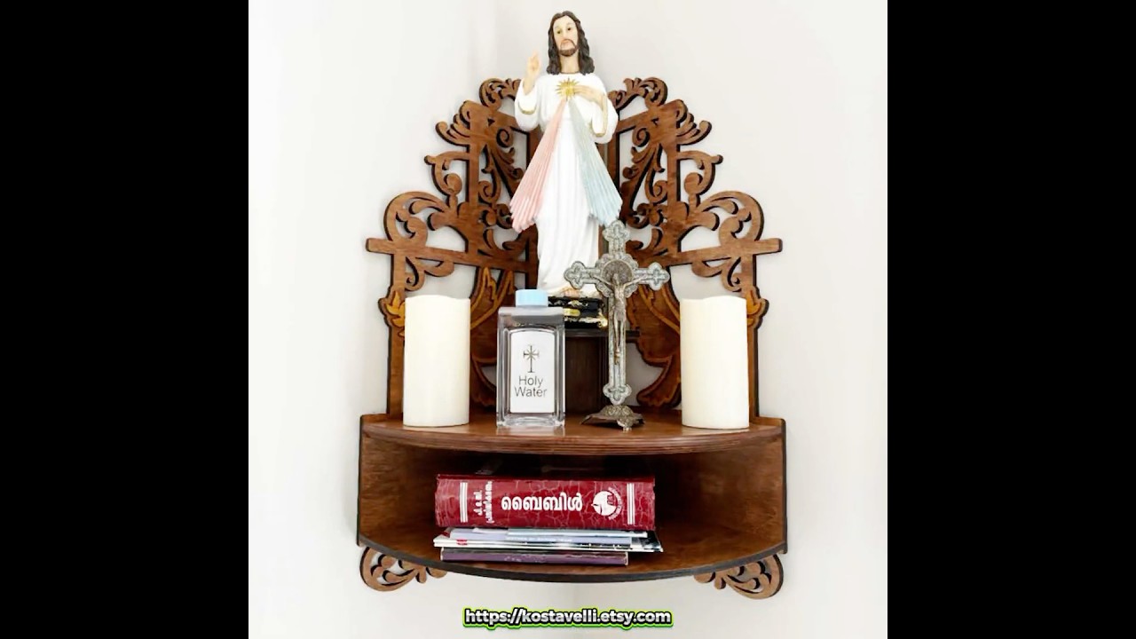 Wooden #CornerShelf for #HomeAltar Catholic Icon Display Statue Jesus Virgin Mary Bible Prayer Gift