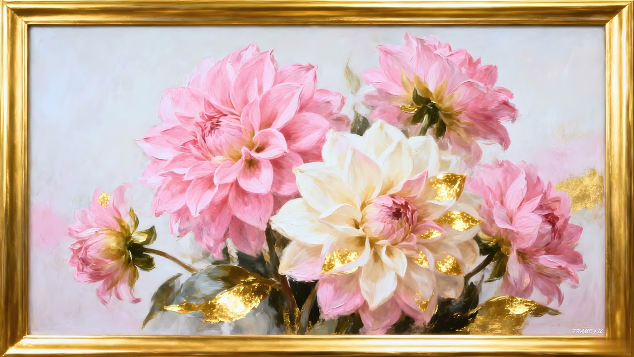 Vintage Dahlia Pink Flower with Golden Frame — 2 Hours Relaxing TV Screensaver | 4K