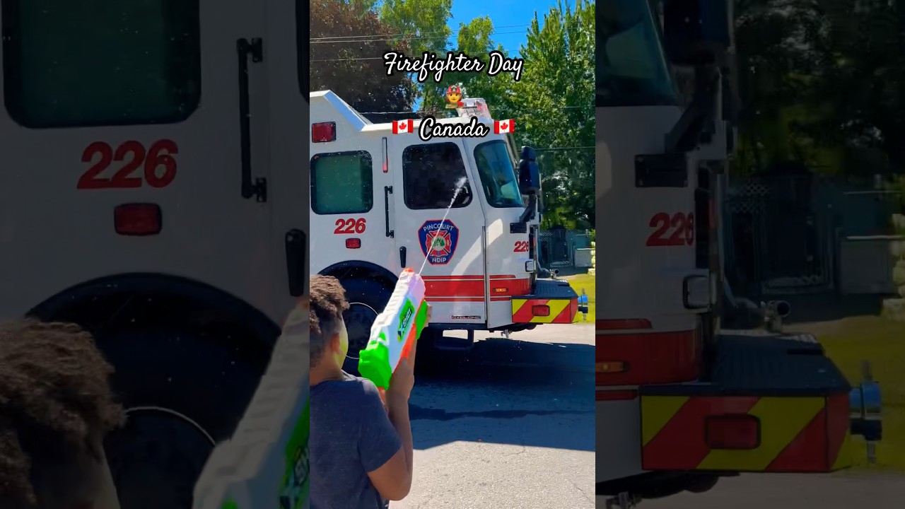 😂Firemen hosed us down! #firefighterday #canadalife #firefighters #canada #funny #familytime