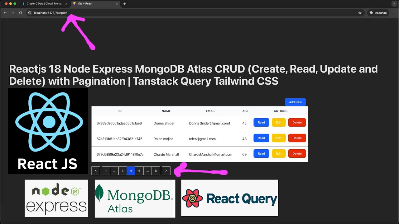Reactjs 18 Node Express MongoDB Atlas CRUD with Pagination | Tanstack Query Tailwind CSS