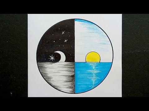DAY AND NİGHT LANDSCAPE DRAWING ( moon landscape drawing )