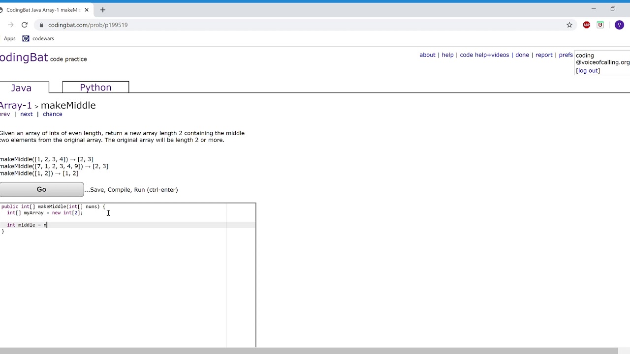 Array-1(makeMiddle) Java Tutorial || codingbat.com