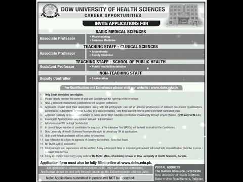 Career opportunities in Dow University of Health sciences/last date 05-05-2025