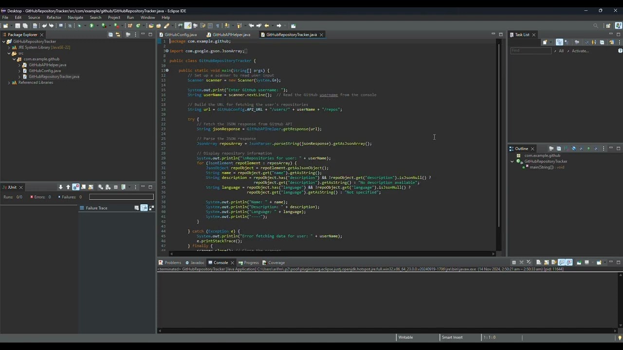 Full guide for GitHub Repository Tracker project  using eclipse and GitHub API
