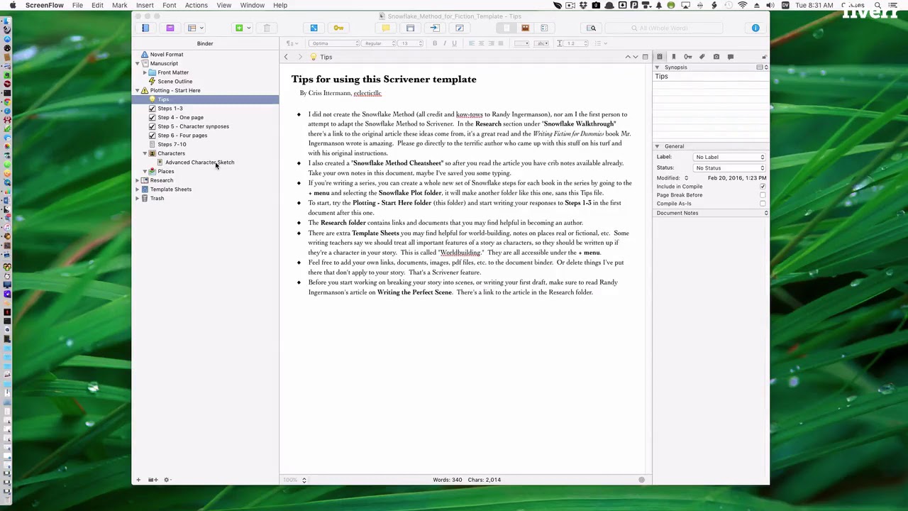 Creative Writing - provide a snowflake method scrivener template