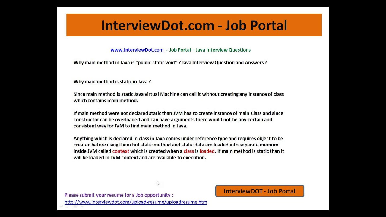 Java Interview Question and Answer Why main method in java public static void
