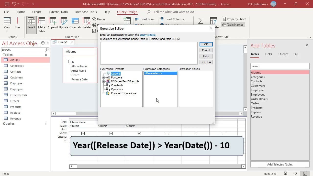 Expression Builder in MS Access - Office 365